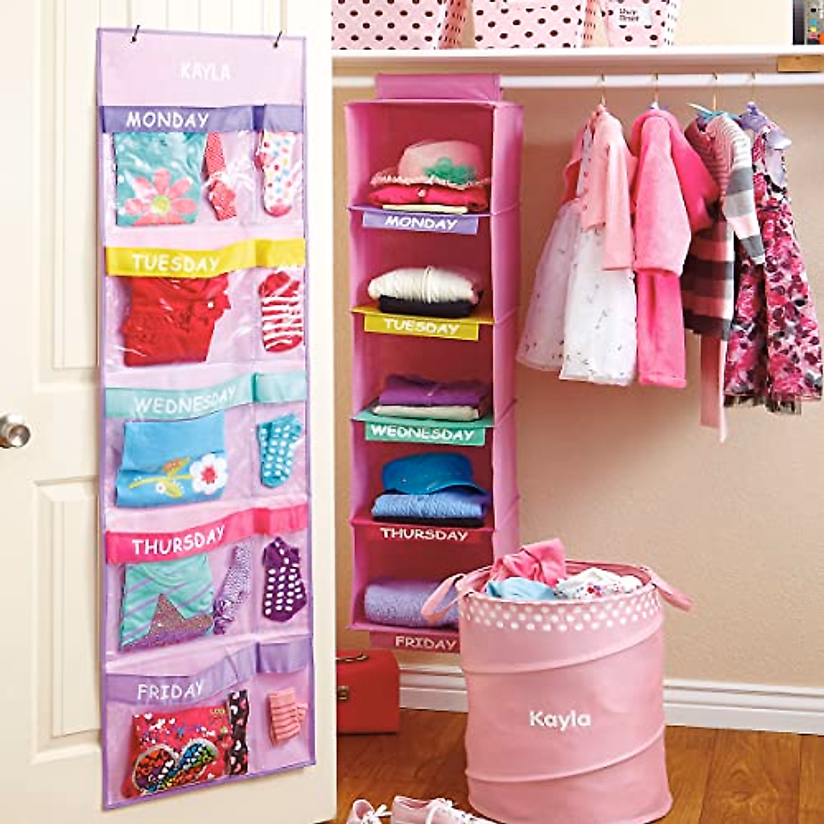 Personalized Pastel Colors Days-Of-The-Week Hanging Clothing Organizer Monday to Friday Kids Closet with Name Over-Door