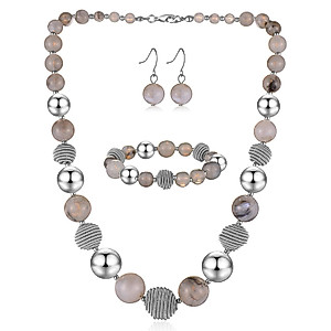 PEARL&CLUB Beaded Chunky Statement Necklace Earring and Bracelet Set Silver Metal Bead Fashion Jewelry Set Mothers’ Day Gifts for Women (Grey)