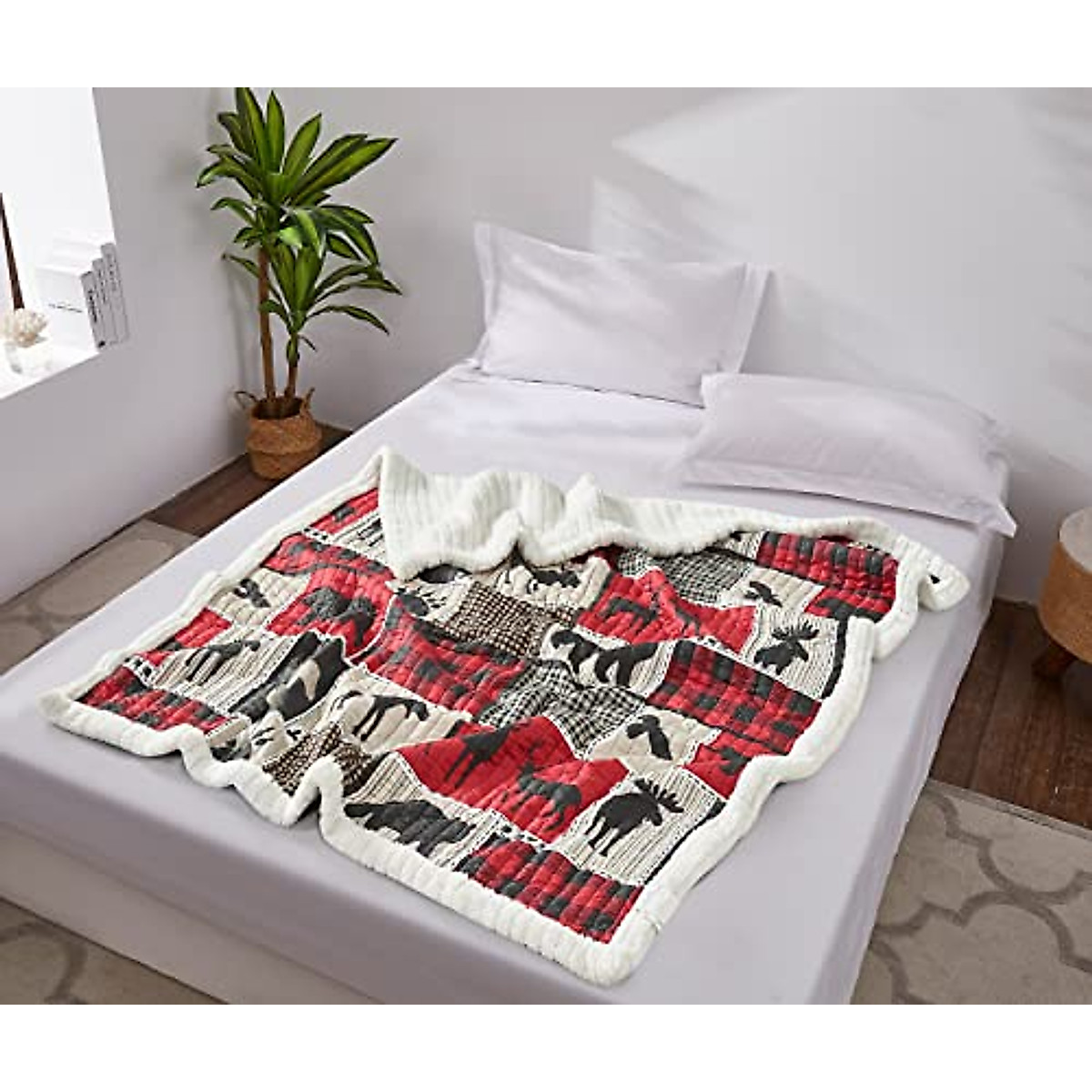 Virah Bella Quilted Lodge Life Rustic Sherpa Throw Blanket for Couch - 50" x 60" - Lightweight Throw Quilt