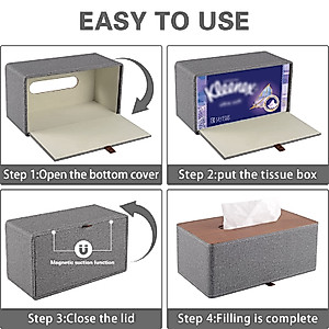 XNONE Tissue Box Cover Rectangle Kleenex Box Holder PU Leather Facial Organizer with Magnetic Bottom,Decorative Napkin Caddy for Vanity Dresser Night Stand Table Countertop Home Office Car,Grey