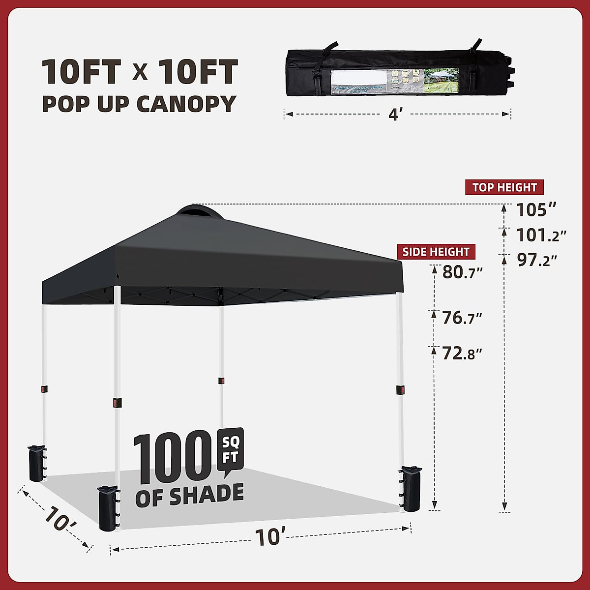 VOYSIGN 10x10 Pop Up Canopy Tent, 100 Sq.Ft of Shade - Portable Outdoor Canopy, Shade Canopy, Party Tent, Included 1 x Rolling Storage Wheeled Bag, 4 x Weight Bags, 4 x Guylines, 8 x Stakes…