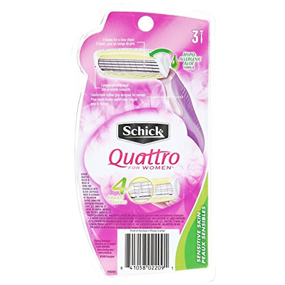 Schick Quattro Womens Disposable Razors for Sensitive Skin, 3 Count, Pack of 2