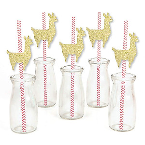 Gold Glitter Llama Party Straws - No-Mess Real Gold Glitter Cut-Outs and Decorative Llama Fiesta Baby Shower or Birthday Party Paper Straws - Set of 24