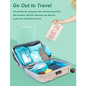 besharppin Preppy Makeup Bag, Synthetic Leather Patch Cosmetic Bag with SKIN Chenille Letter for Travel, Gift for Girlfriend or Wife, Present for Girls, Daughter, Sister and Mother