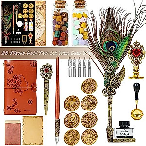 Aifeiter Quill Pen Ink Set - Peacock Feather, Wooden Dip Pen, Reusable Journal, Calligraphy Set