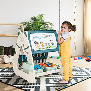 HONEY JOY Kids Table and Chair Set, 3 in 1 Convertible Art Easel & Display Bookshelf w/Magnetic Painting Board, Bottom Storage Shelf, Children Activity Table Set for Drawing Reading (Green)