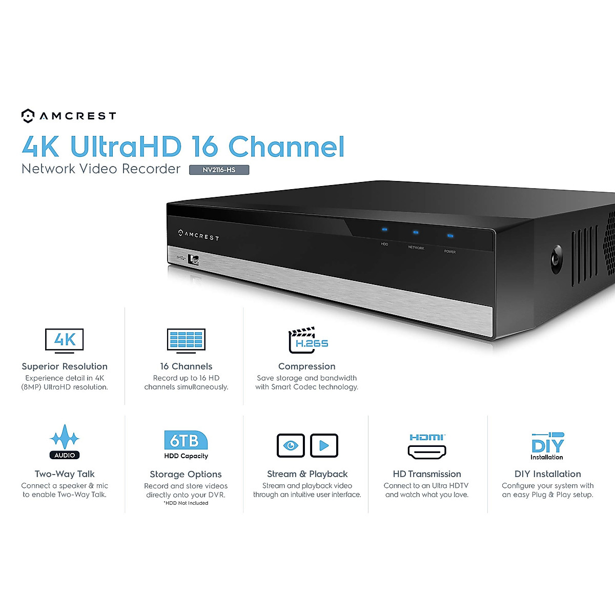 Amcrest NV2116-HS 16CH NVR 4K/6MP/5MP/4MP/3MP/1080P Network Video Recorder, 16-Channels, No PoE Ports, Supports 16 x 4K IP Cameras, HDD Not Included (Supports up to 6TB Hard Drive) (No Built-in WiFi)
