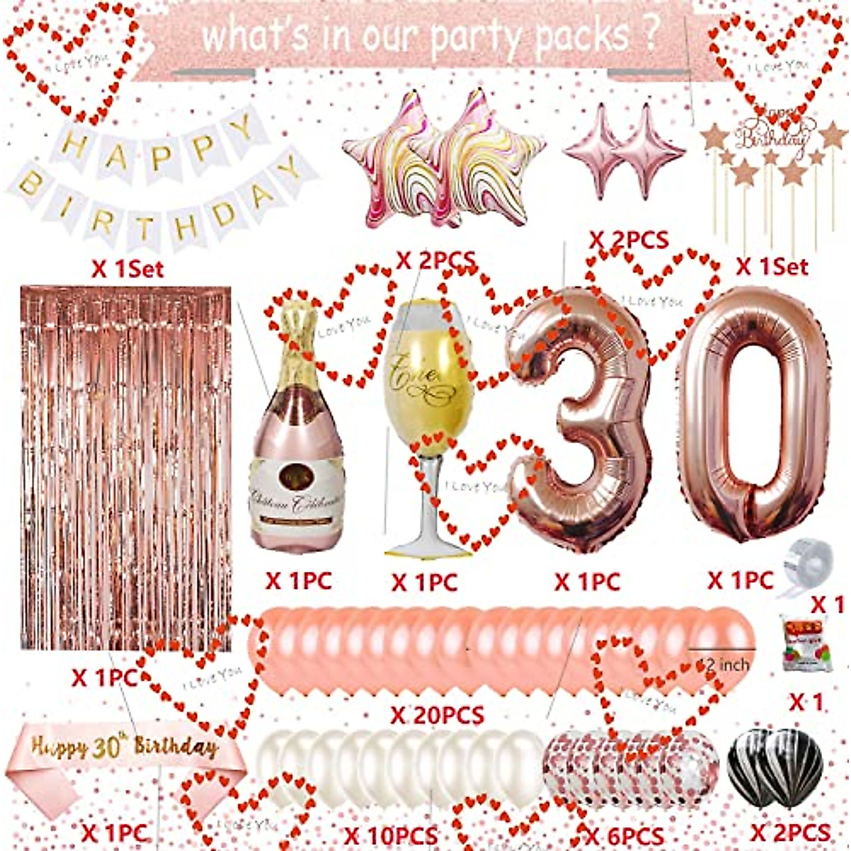 30th Birthday Decorations for Women - Rose Gold 30 Birthday Party Decoration for Her, Happy Birthday Banner, Balloon Arch ,Cake Topper, Foil Balloons and Sash for Girls Thirty Birthday Party Supplies