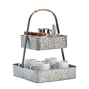 Square 2 Tiered Tray Stand with Handle for Farmhouse Decor, Dessert, Fruit, Galvanized Gray (12 x 17 in)