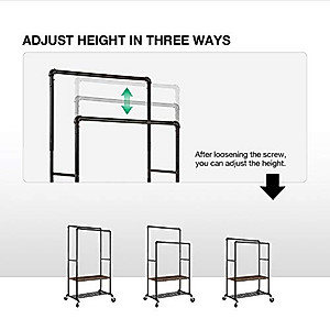 GREENSTELL Clothes Rack with Shelves, Industrial Pipe Style Rolling Garment Rack, Heavy Duty Double Rods Clothes Hanging Rack, Adjustable Height Durable Coat Rack for Organizing Clothes and Shoes