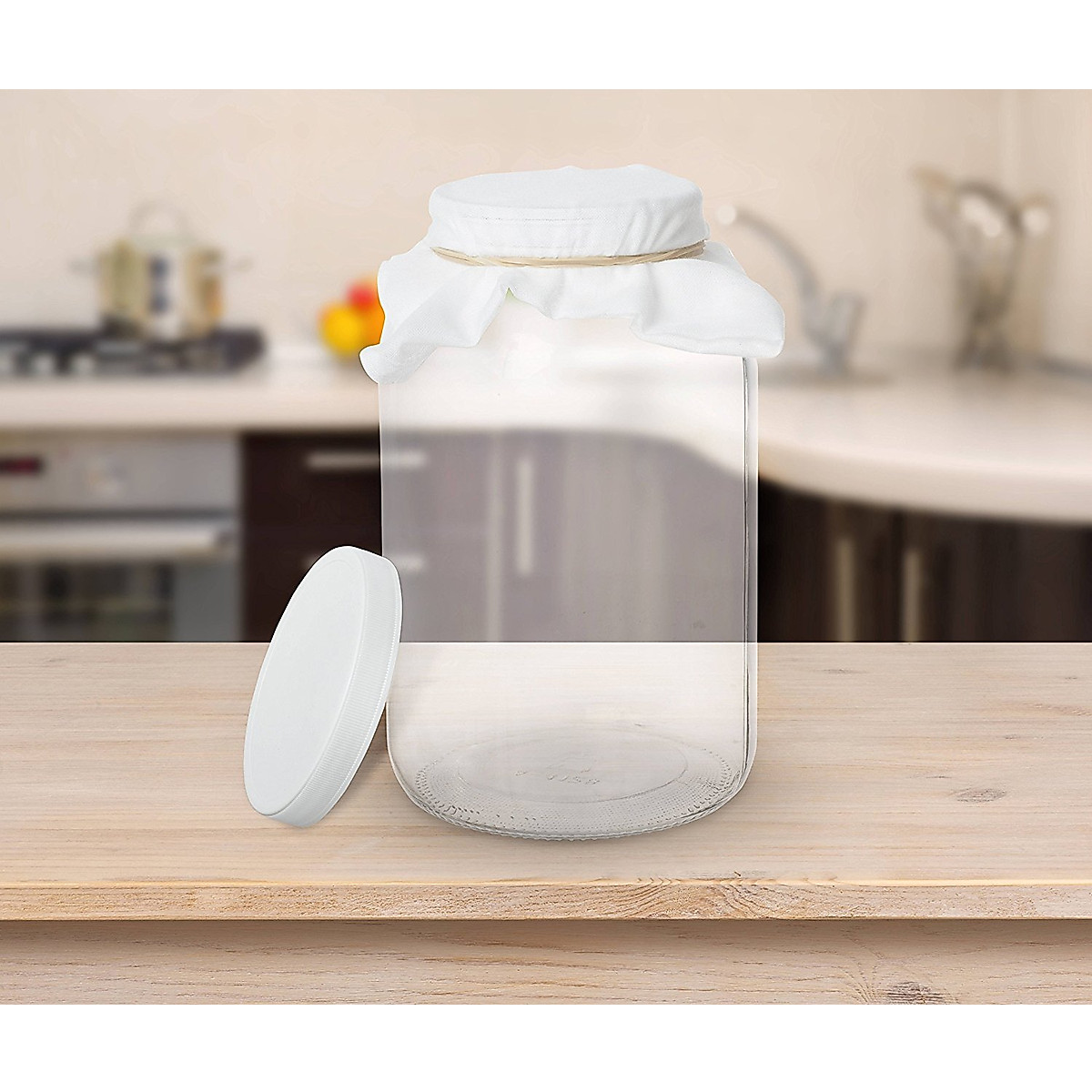 1 Gallon Glass Sourdough Jar - Home Bread Baking and Fermenting Kit with Cheesecloth Filter, Rubber Band and Plastic Lid - By Kitchentoolz