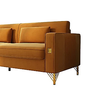ANTTYBALE 85.63" Velvet Sofa,Modern Loveseat Couch with Pillows Set of 2 for Living Room,Bedroom,Apartment Furniture with Gold Metal Legs (Orange)