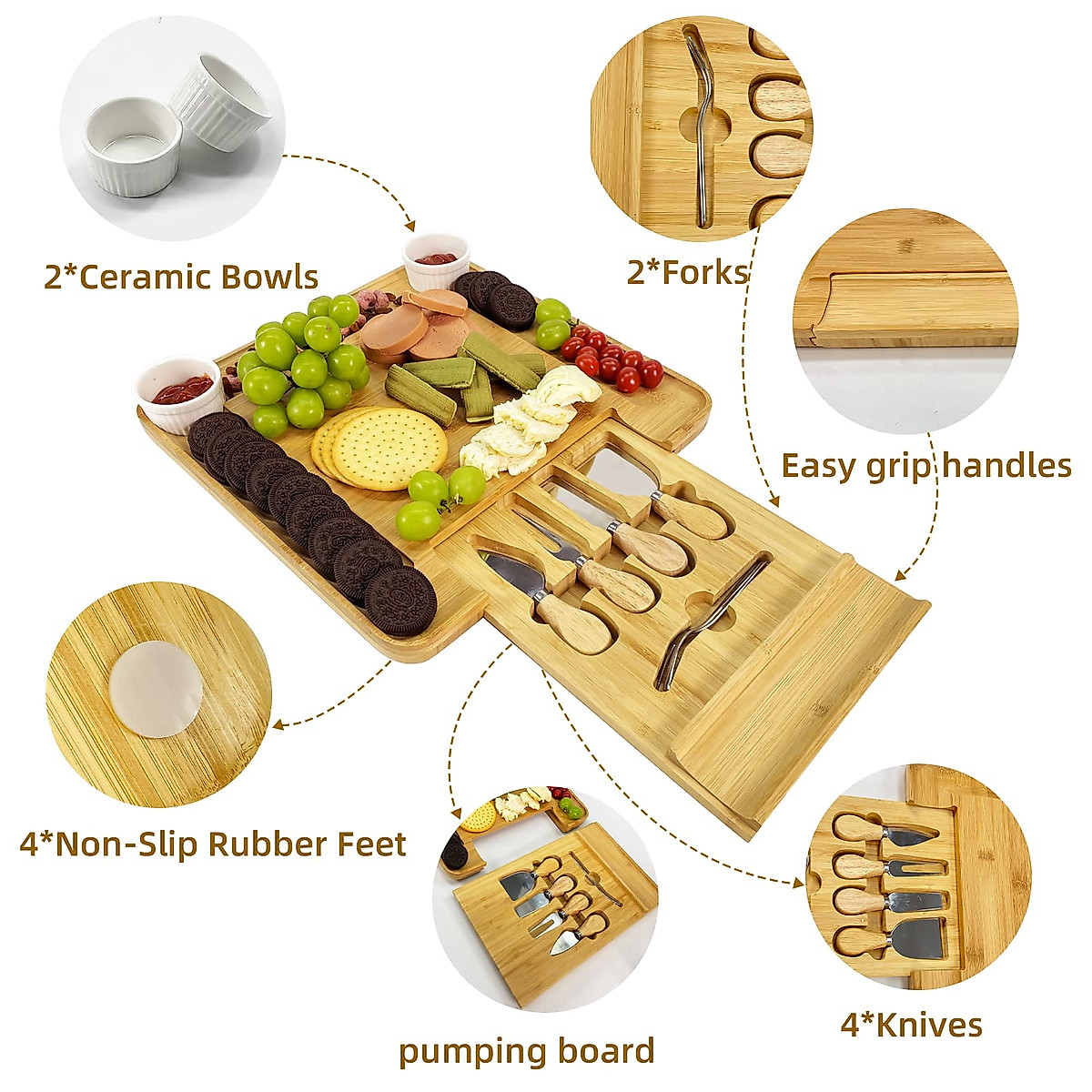Cheese Board, Large Charcuterie Board Set, Bamboo Serving Platter, 4 Serving Knives and Utensils - Unique for Women-House Warming Gifts New Home,Wedding Gifts for Couple