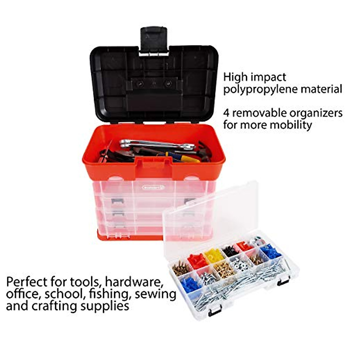Storage Tool Box - Portable Multipurpose Organizer With Main Top Compartment and 4 Removable Multi-Compartment Trays by Stalwart,Red,11 in x 7 in x 10 in