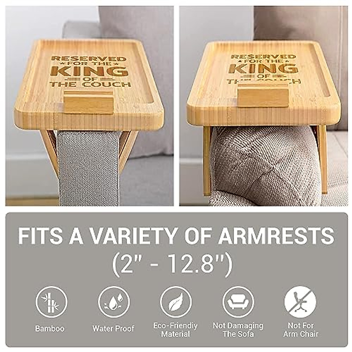 HUGGIB Natural Bamboo Sofa Arm Tray, 12.8 in Width, 12 in Length, 5.5 in Height, with 360 Rotating Bracket for Convenient Use