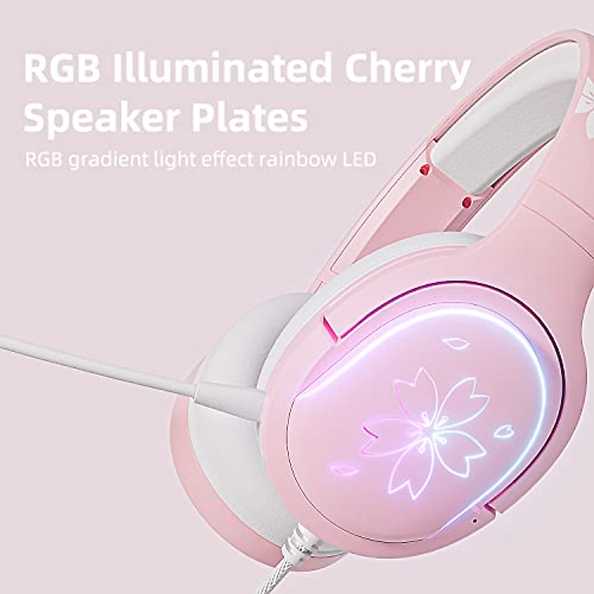 Mytrix Sakura Pink Cherry Blossoms Gaming Headset, 360° Rotation Mic, Soft Earmuff Headphone for PS4, PS5, Xbox, PC & MAC, Switch, RGB Gradient Light Effect (Renewed)
