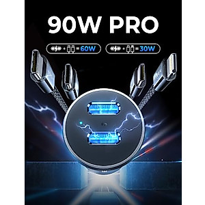 LISEN 90W USB C Car Charger Fast Charging, Dual USB C Port PD 45W Cigarette Lighter Adapter USB C Charger, Super Fast Car Charger USB C with Lightning Cable & USB C Cable for iPhone 15 Pro Max/Samsung