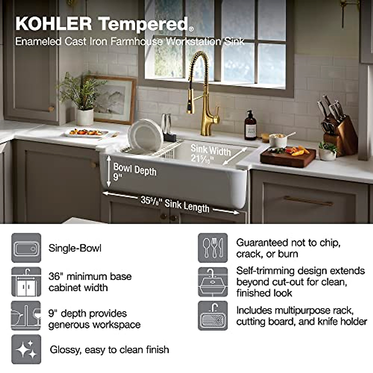 Kohler K-28874-0 Kohler K-28874 Tempered 35-5/8" x 21-5/16" x 9" Undermount Single-Bowl Farmhouse Workstation Kitchen Sink with Tall Apron