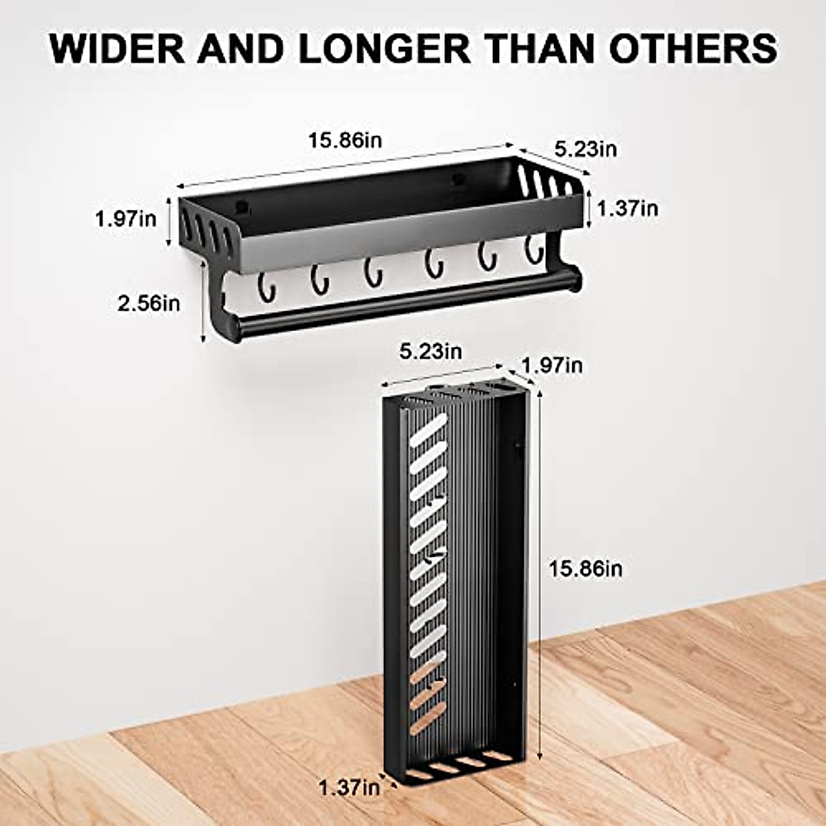 Shengsite Shower Caddy Shelf, Wall Mounted Shower Organizer with Towel Bar and Hooks, Drill Free Aluminum Alloy Caddy Rack for Bathroom, Kitchen, Bedroom, Over Toilet - Set of 2