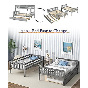 Tatub Twin Over Full Bunk Bed with Trundle, Solid Pine Wood Frame and Ladder with Guard Rails for Kids, Teens, Boys and Girls, No Box Spring Needed, Bunk Bed Grey