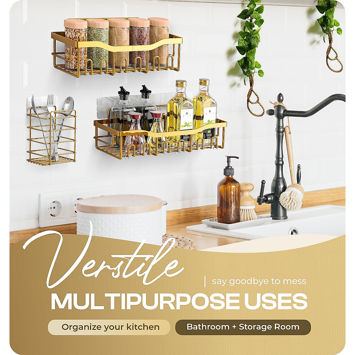 Luxury Style Stainless Steel Shower Caddy Set - Rustproof, Durable, and Adhesive Hanging Bathroom Organizer Kit with 5 Pieces | Shower Caddy Organizer | Bathroom Decor (Luxury Gold)