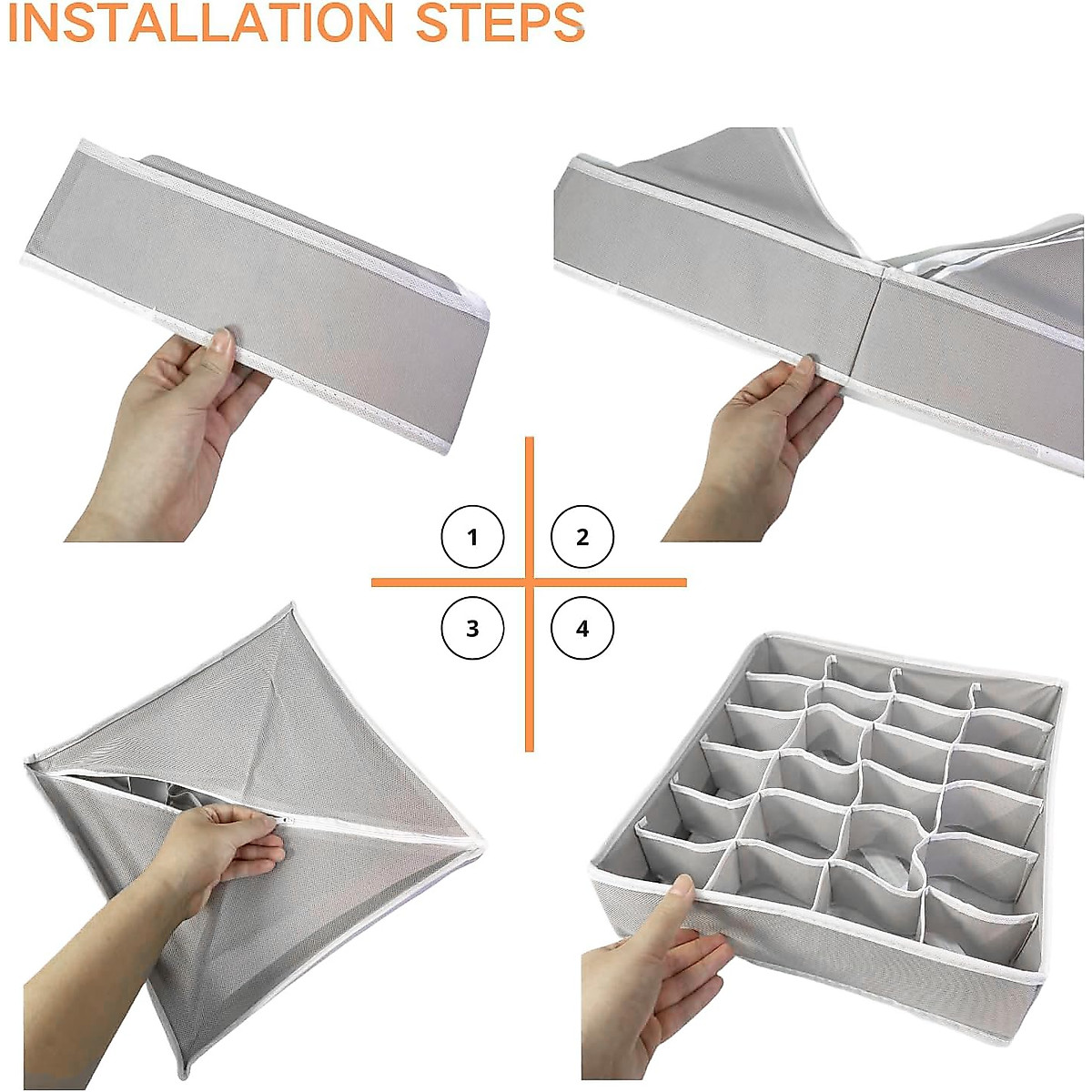 3 Sets of Sock and Underwear Storage Dividers, 72 Compartment Fabric Foldable Drawer Organizer, Closet Drawer Organization for Socks, Underwear, Belts and Ties (24+24+24 Cell, Light Gray)