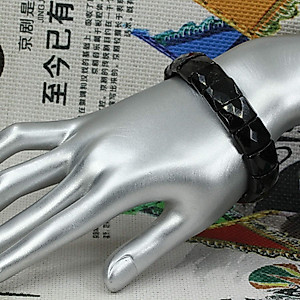 Keleny Natural Black Tourmaline Quartzite 15mm Square Grain Faceted Beaded Stretchable Crystal Bangle 7.5 Inch Unisex