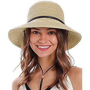 Simplicity Beach Hats for Women Wide Brim Hat Women Sun Protection Foldable Straw Sun Hat with Chin Strap Sun Hats for Women, Off-White Brown Mix