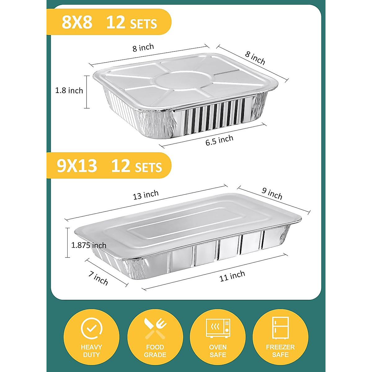 NEEBAKE 24 Pack Disposable Aluminum Pans with Lids Combo Set- 12 Large 9x13 Foil Pans Half Size & 12 Small 8x8 Tin Foil Baking Pans, Tin Trays Containers for Meal Prep, Food Cooking, Roasting, Heating