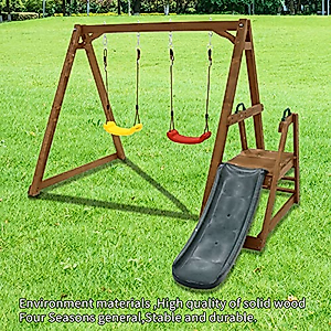 Wood Swing Set for Backyard, 2 in 1 Outdoor Swing Set with Slide, Climbing Rope Ladder Kids Backyard Playset