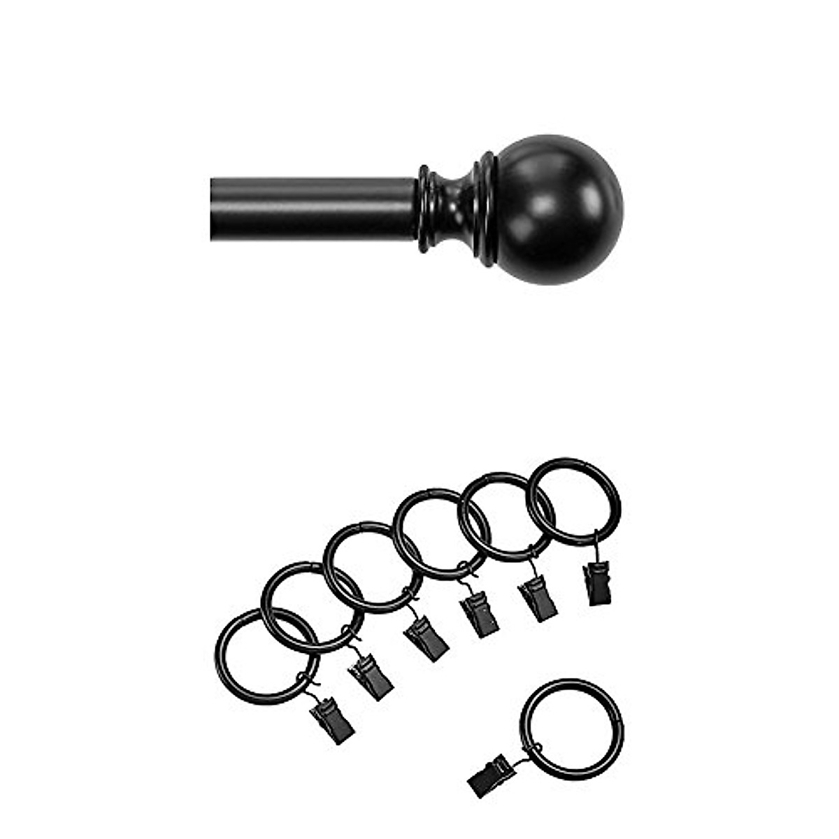 Amazon Basics 1" Curtain Rod with Round Finials, 36" to 72" and Amazon Basics 1" Curtain Clip Ring, Set of 7, Black