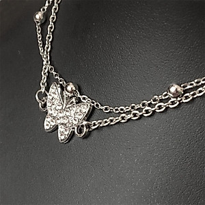 COLORFUL BLING 14K Silver Butterfly Anklets with Cubic Zirconia Adjustable Layered Heart Ankle Bracelet Summer Beach Foot Chain Jewelry-Butterfly