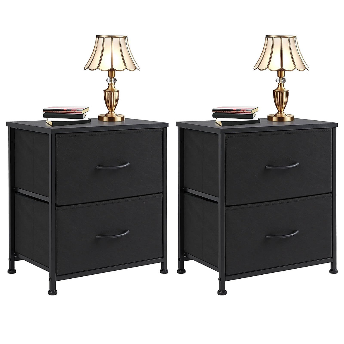 Classical Nightstand, 2 Drawer Dresser for Bedroom, Small Dresser with Metal Frame and Wood Top, Bedside Furniture, Night Stand, End Table with Fabric Bins for Bedroom, Closet (Black, 2-Drawers)