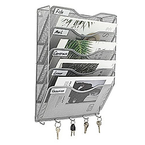EasyPAG Wall Mount File Organizer with Key Hooks 5 Pocket Vertical Mesh Hanging Wall File Holder Magzine Paper Folders Rack for Office and Home,Silver