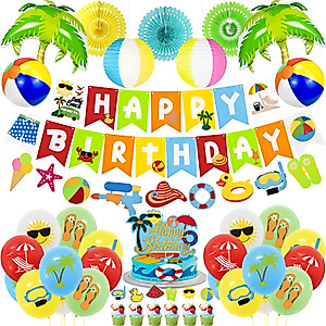 Summer Beach Party Decorations, Beach Theme Pool Birthday Party Supplies Including Birthday Banner Beach Garland Paper Lanterns Beach Balls Cupcake Toppers Balloons Set for Hawaiian Luau Party