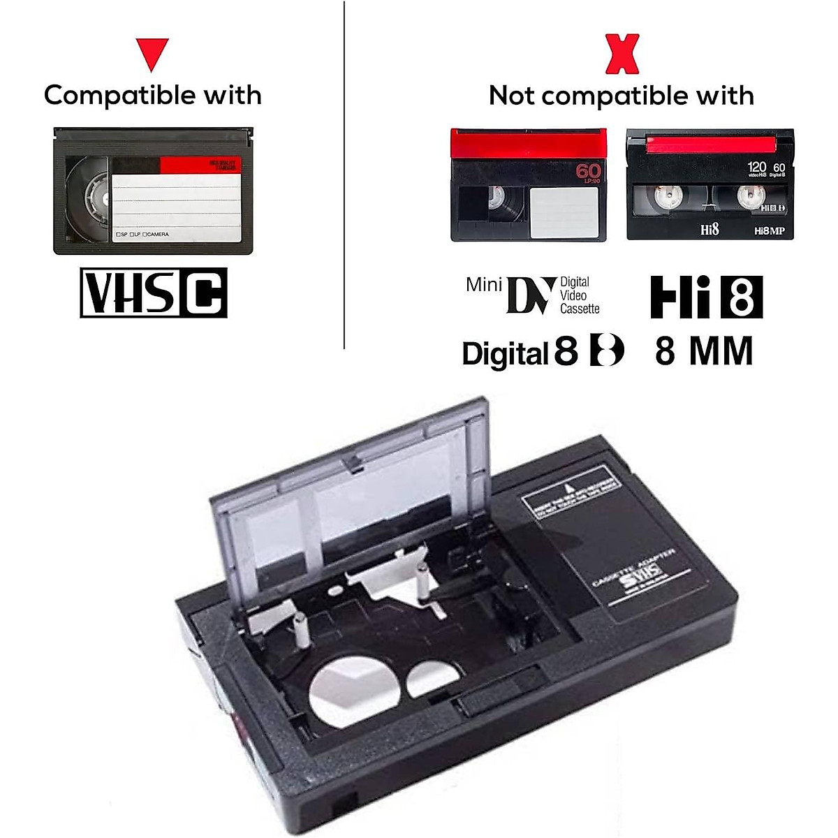 VHS-C to VHS VCR Standar Motorized VHS Cassette Adapter for JVC C-P7U CP6BKU C-P6U Panasonic PV-P1 RCA VCA115 (NOT Compatible with 8mm/MiniDV/Hi8 Tapes)