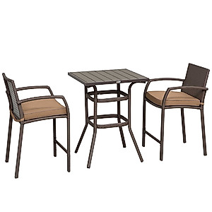 Outsunny 3 PCS Rattan Wicker Bar Set with Wood Grain Top Table and 2 Bar Stools for Outdoor, Patio, Poolside, Garden, Brown