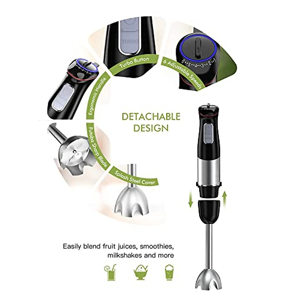 Immersion Blender, 2-in-1 Multi-Purpose Hand Blender, 500W Multifunctional Hand Blender with Whisk, 6-Speed and Turbo Mode, 304 Stainless Steel Handheld Stick Blender for Smoothies, Puree Baby Food and Soups