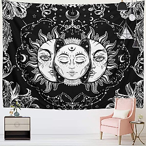 ARFBEAR Sun and Moon Tapestry, Burning Sun with Stars Psychedelic Popular Mystic Wall Hanging Tapestry Black and White Beach Blanket (Large-79 x 59 in),Dormitory