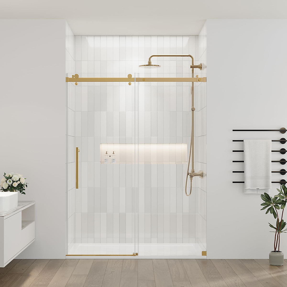 DELAVIN 56-60.in W x 72.in H Frameless Shower Door, Water Repellent Gold Shower Door with 5/16" (8mm) Clear Tempered Glass, Easy Sliding Showe Door with Explosion-Proof Film, Stainless Steel