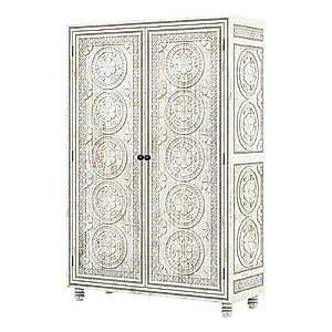 Khalifa Hand Carved Wardrobe Armoire - Weathered White Finish Mango Wood