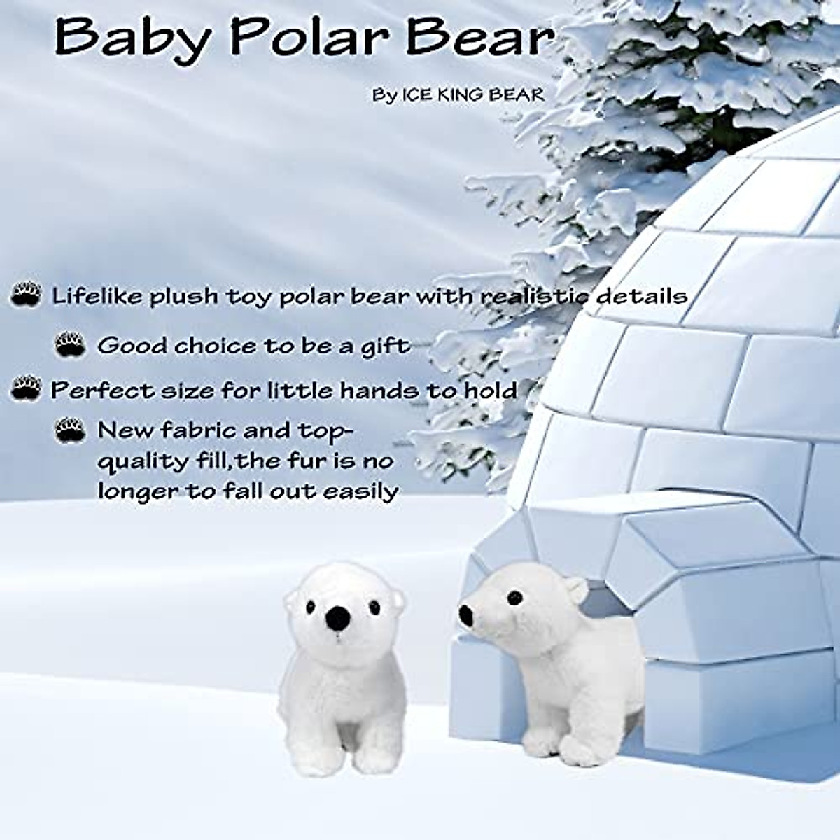 Ice King Bear Lifelike Baby Polar Bear Stuffed Animal - Plush Toy - 9 Inches Length