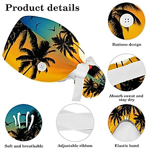 Nurse Scrub Caps,Scrub Hats with Buttons and Cotton Sweatband,Plam Tree Tropical Island at Sunset