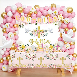 Hombae Baptism Decorations for Girls, Baptism Decorations, First Communion Christening Decorations Party Decorations for Baby Girl, Backdrop Tablecloth Balloon Banner Cake Cupcake Topper 112 PCS