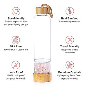 Crystal Elixir Infused Gem Water Bottle – Leak-Proof Lid – Bamboo Wellness Glass Includes Protective Sleeve and Removable Crystal – 15 oz (Rose Quartz)
