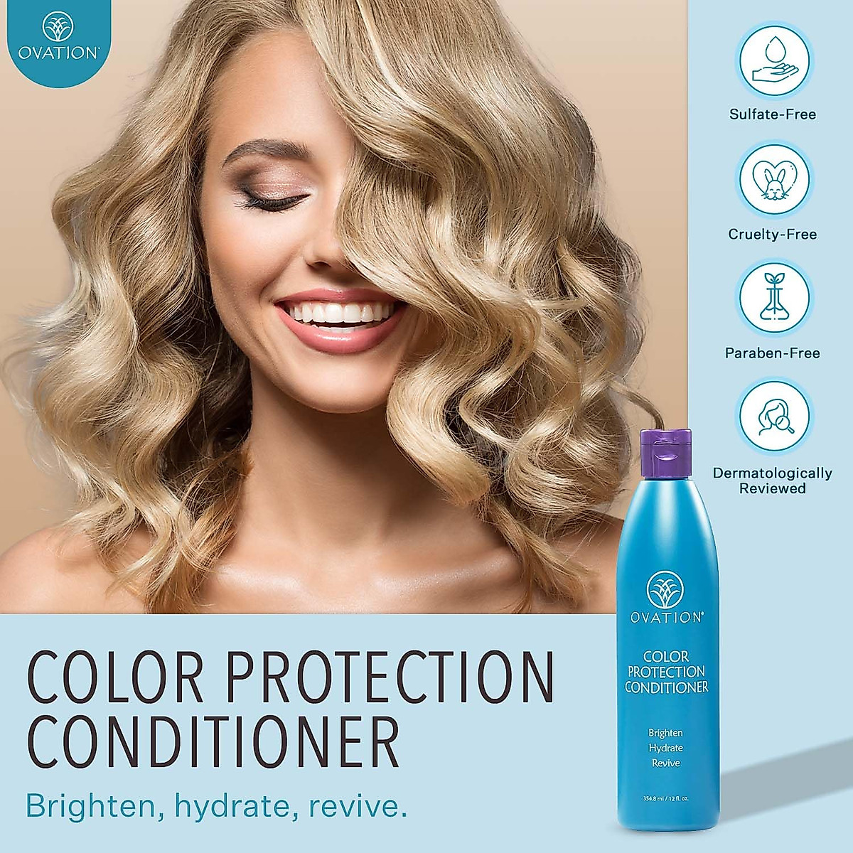 Ovation Hair Color Protection Conditioner - Hair Conditioner for Colored Hair - 12 oz - Brightens and Hydrates Color-Treated Hair - With Quinoa, Aloe Vera, Argan Oil - No Parabens and Sulfates