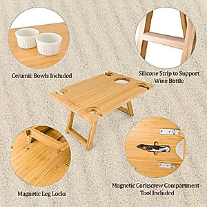 Travelino Portable Wine Picnic Table, Foldable Outdoor Charcuterie Table and Wine Glass Holder, Ceramic Bowl & Corkscrew & Carry Bag, Perfect for Gifts and All Seasons