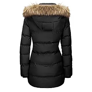 WenVen Women's Winter Thicken Padded Coat Parka Jacket with Fur Hood (Black,L)