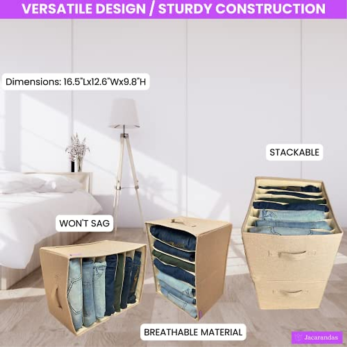 Jacarandas Oversize Wardrobe Clothes Organizer, Clothes Organizer for Folded Clothes, Jeans Organizer, Pants Organizer, Stackable, 7 Grids, Beige