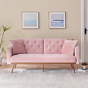 PBOGHLRD Convertible Velvet Futon Sofa, Folding Loveseat Sofa with Throw Pillow and Midfoot, Small Sleeper Couch Bed for Living Room, Bedroom, Home Office (Pink)
